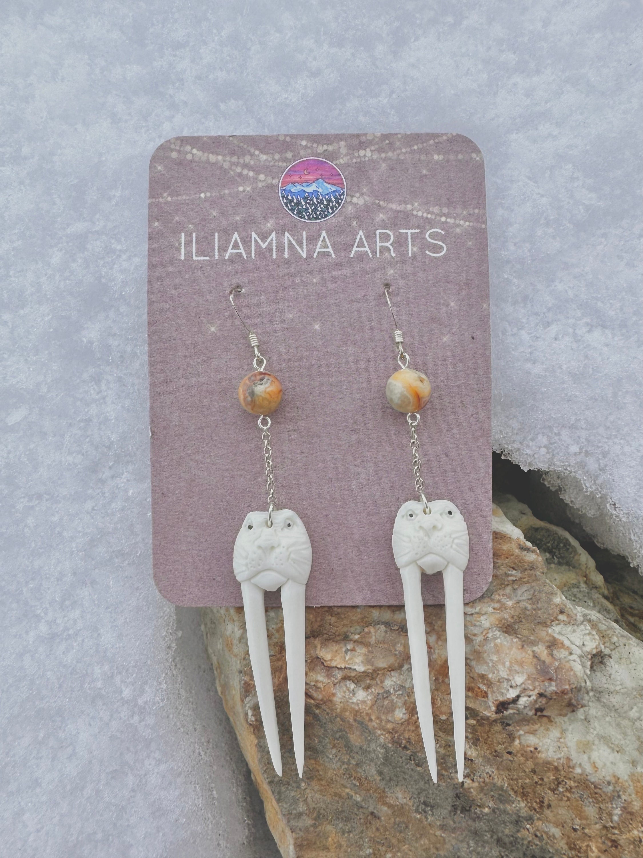 Carved Bone Walrus Tusk and Crazy Lace Agate Earrings - Etsy