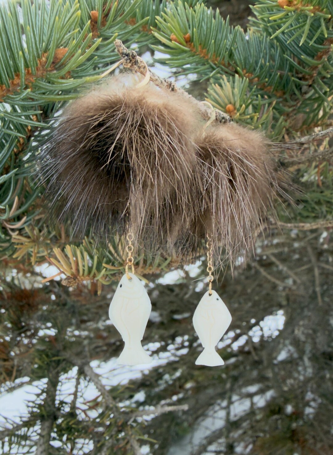 Otter Fur and Carved Bone Halibut Drop Earrings - 14K Gold Filled - Etsy