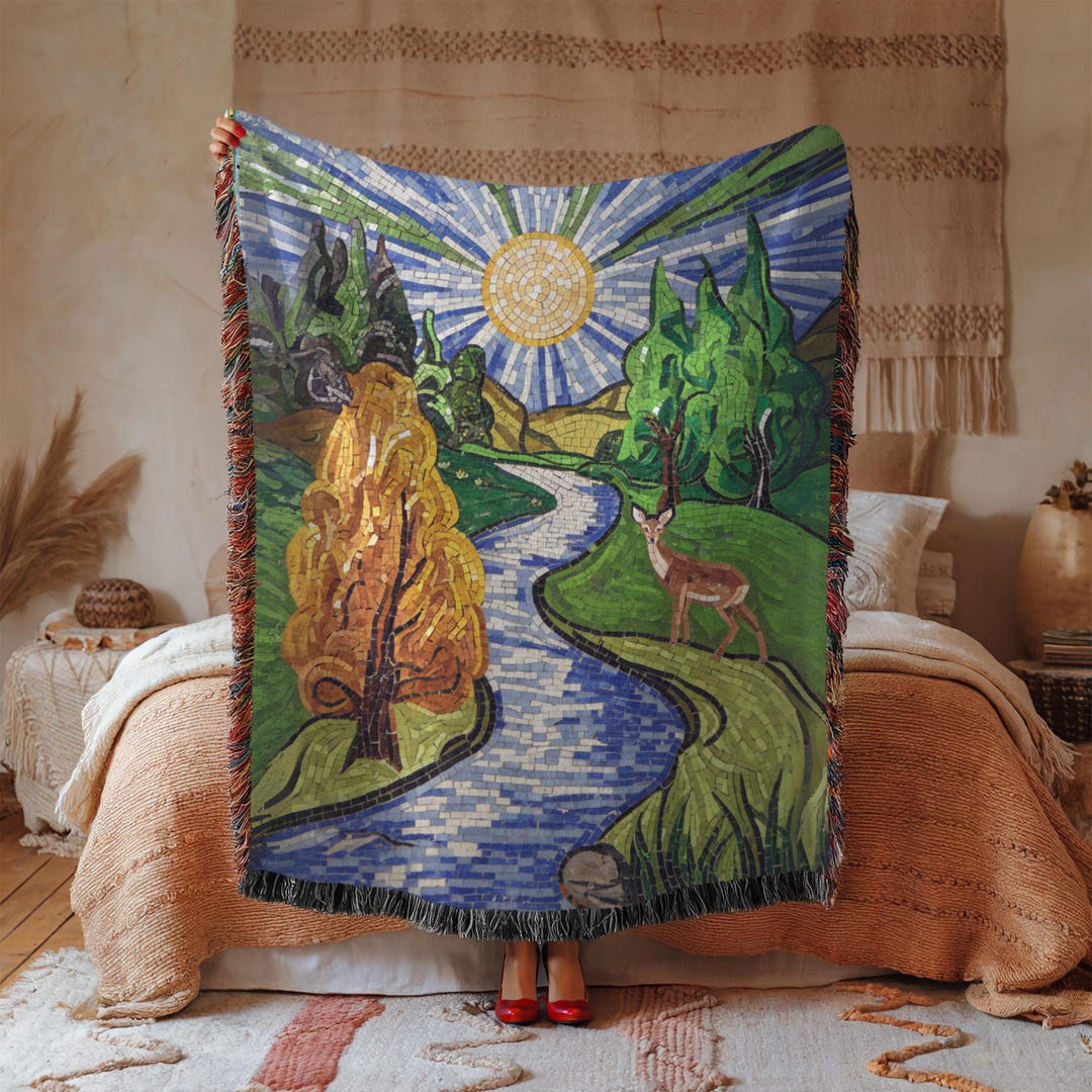 Nature Woven Blanket, Sun, Lake Deer Design, Scenic Outdoor Tapestry ...