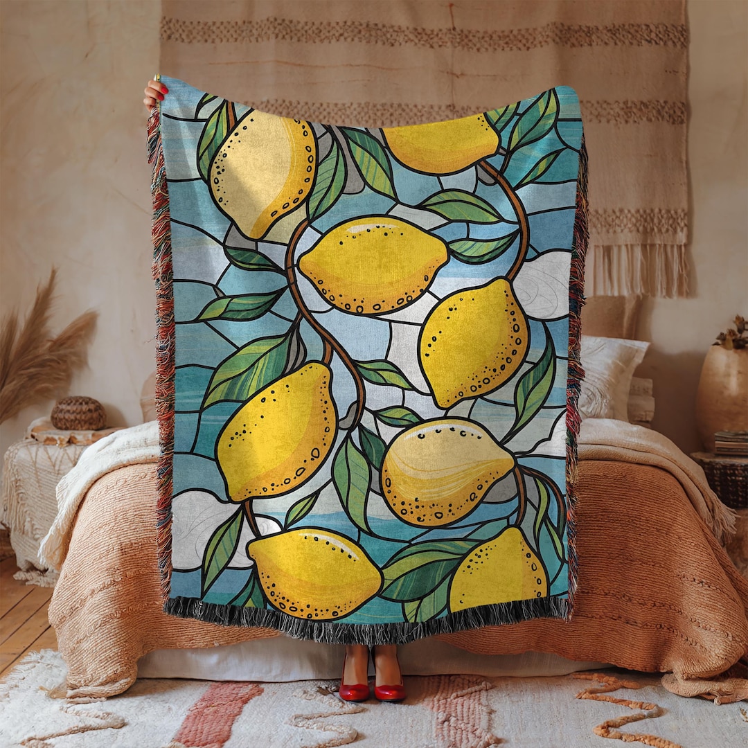 Lemon Woven Blanket, Citrus Fruit Design Throw, Cozy Farmhouse Tapestry ...