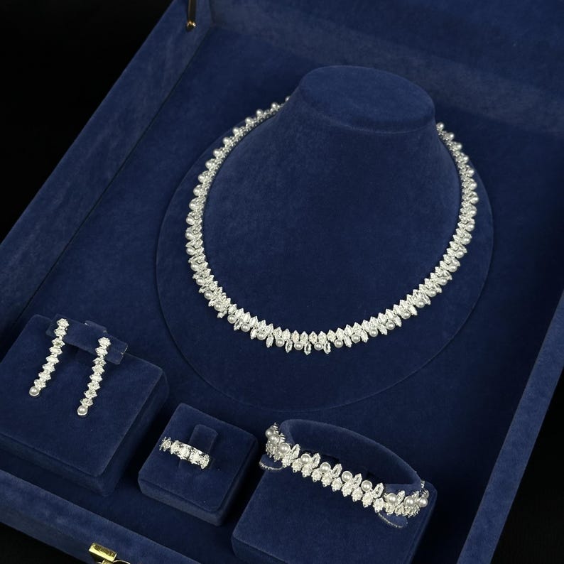 Pearl Bridal Jewelry Set, Silver Wedding Necklace Earrings Bracelet and ...
