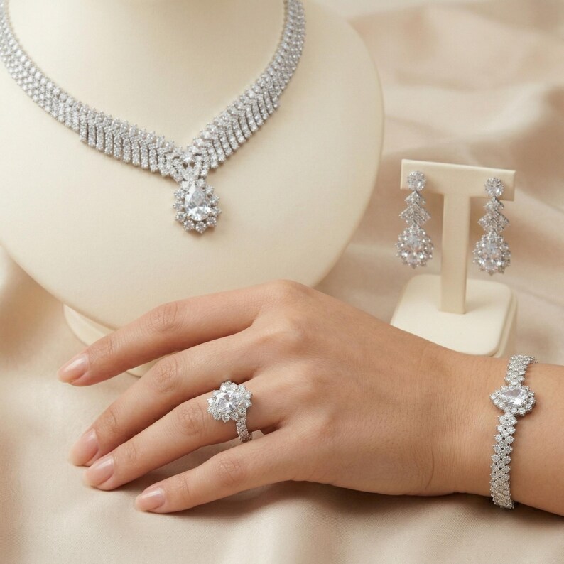 Crystal Bridal Jewelry Set, Silver Necklace Earrings Bracelet, Cubic ...