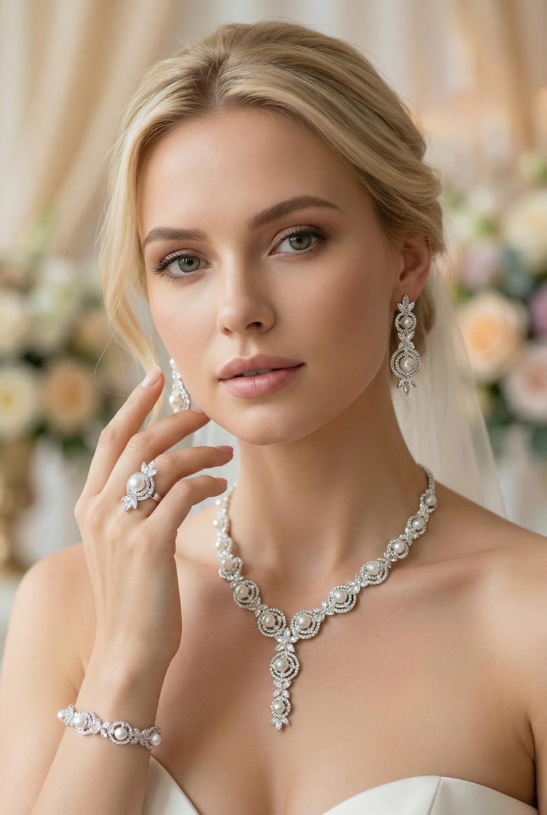 Swarovski Crystal Pearl Bridal Jewelry Set, Handmade CZ Floral Wedding ...