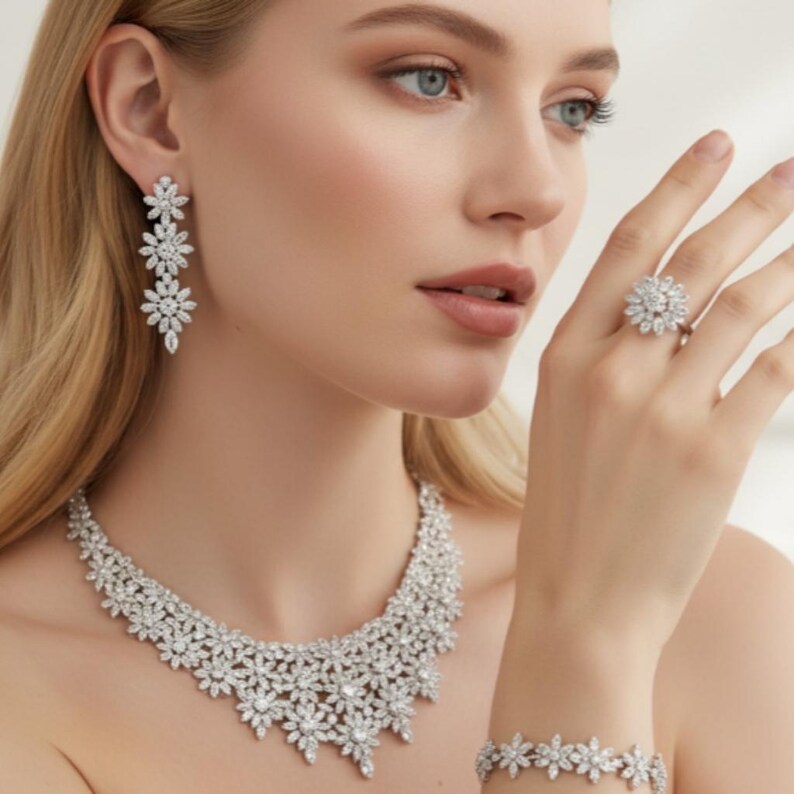 Luxury Cubic Zirconia Bridal Jewelry Set, Crystal Wedding Necklace ...