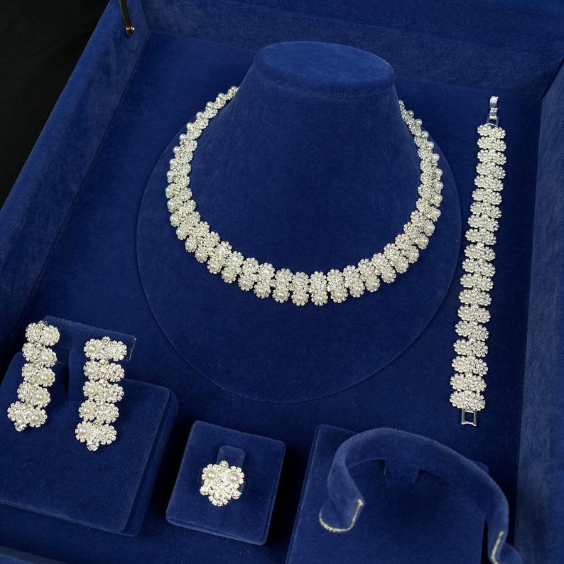 Pearl Wedding Jewelry Set With Cubic Zirconia, Crystal Bridal Necklace ...