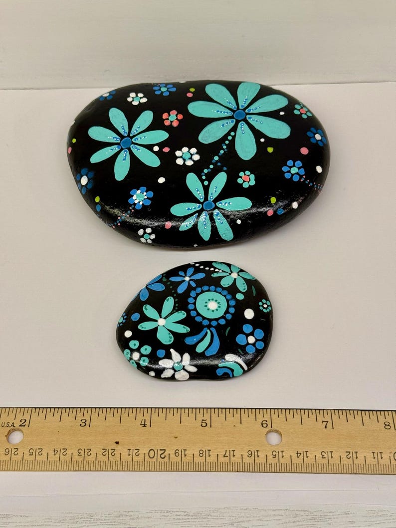 Set of Two Hand Painted Flower Rocks - Etsy