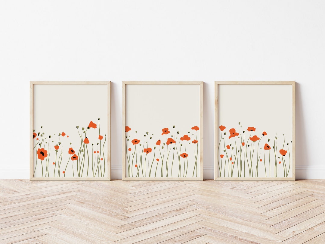Poppy Art Print Set, Minimalist Wall Art, Set of 3 Prints, Living Room ...