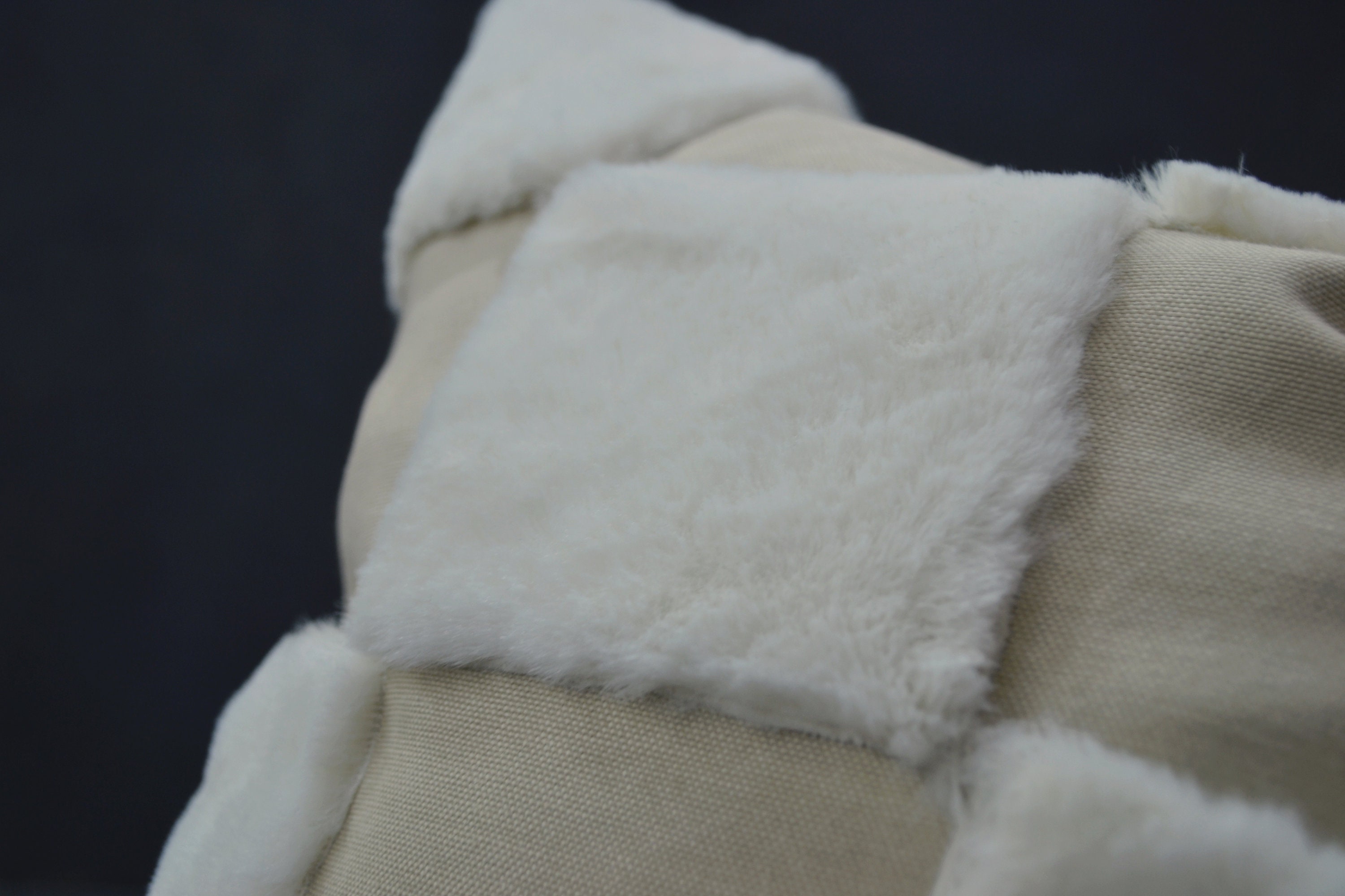 White Faux Fur Applique Checkerboard Pattern on Beige Pillow Cover ...