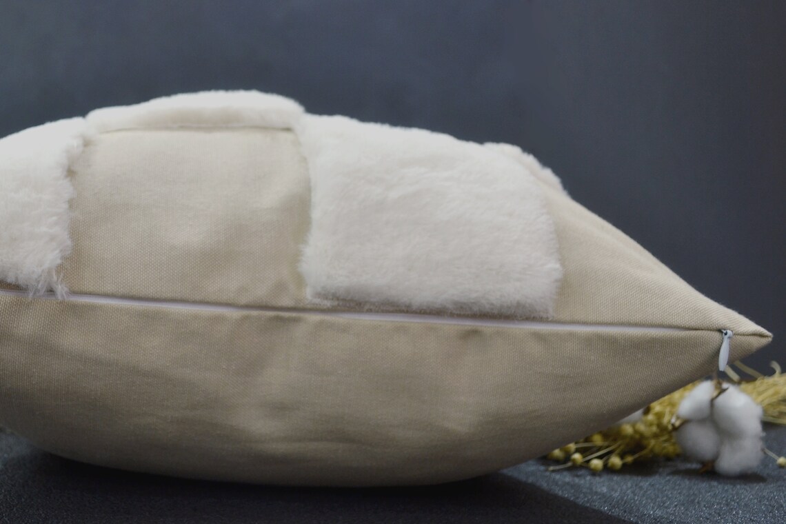 White Faux Fur Applique Checkerboard Pattern on Beige Pillow Cover ...