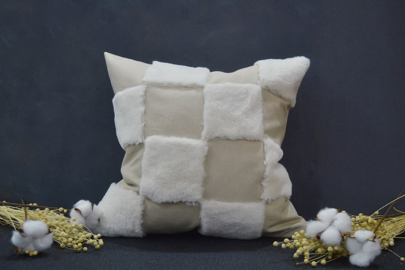 White Faux Fur Applique Checkerboard Pattern on Beige Pillow Cover ...