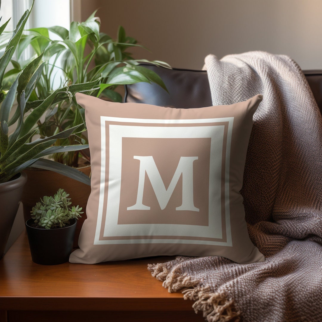 Custom Initial Throw Pillow Cover: Beige & White Monogram Decor (18x18 ...