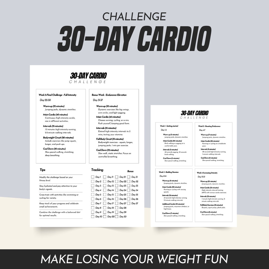 30-day Cardio Challenge, Workout Planner, Printable PDF, Canva Template ...