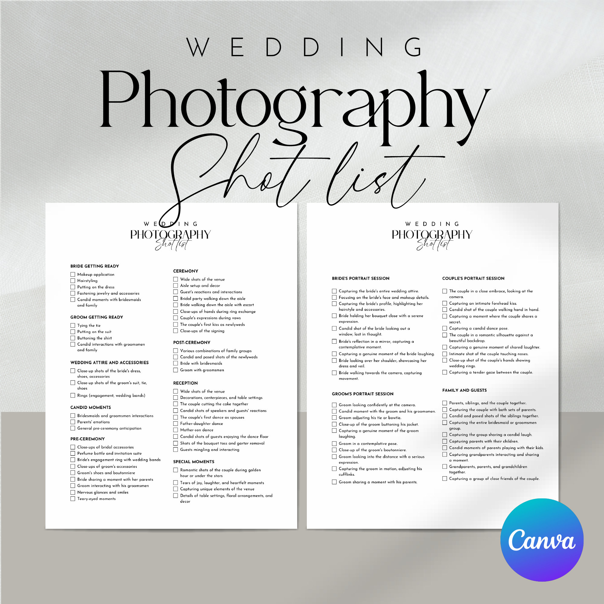 Wedding Photography Checklist, Wedding Photo Shot List, Photography ...