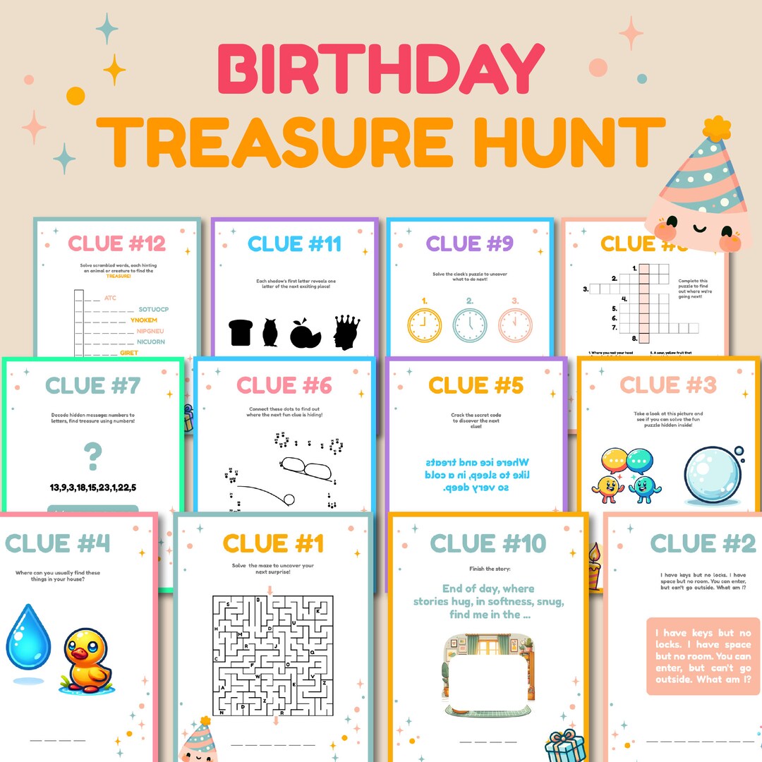 Printable Birthday Treasure Hunt for Kids, Indoor Scavenger Hunt ...