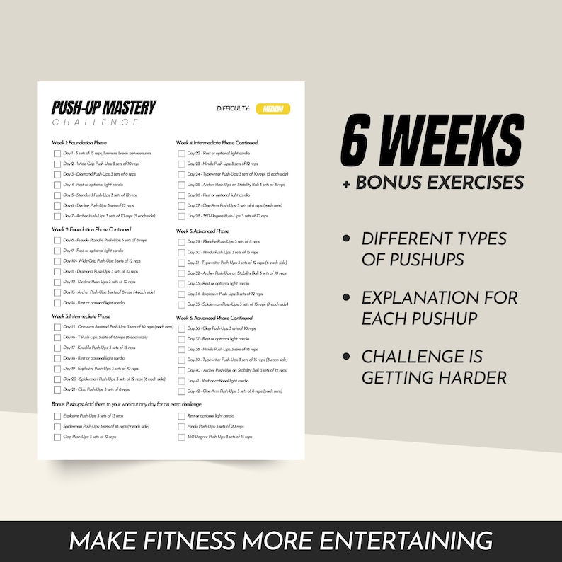 Push-up Challenge Tracker, 7-week Fitness Guide (printable PDF) - Etsy