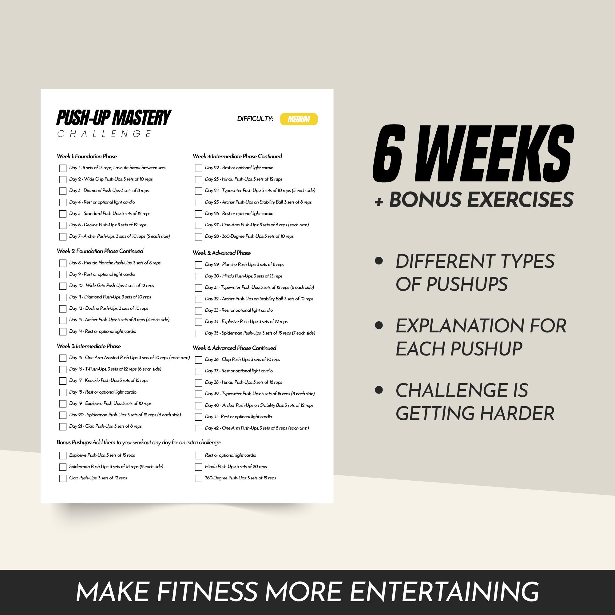 Pushup Fitness Challenge Checklist, Workout Planner and Tracker, Lose ...