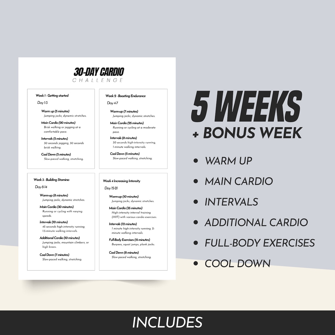 30-day Cardio Challenge, Workout Planner, Printable PDF, Canva Template ...