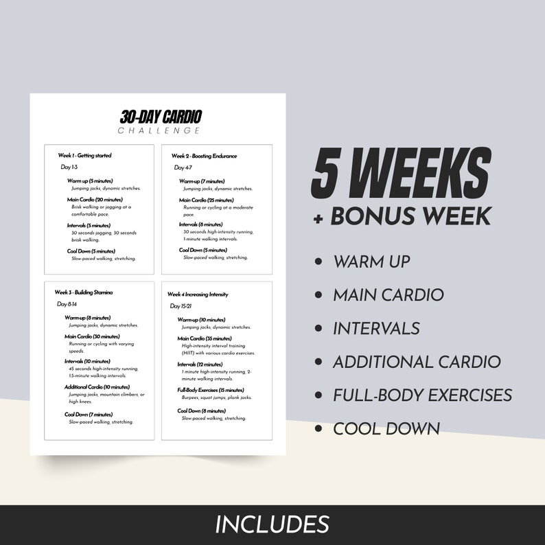 30-day Cardio Challenge, Workout Planner, Printable PDF, Canva Template ...