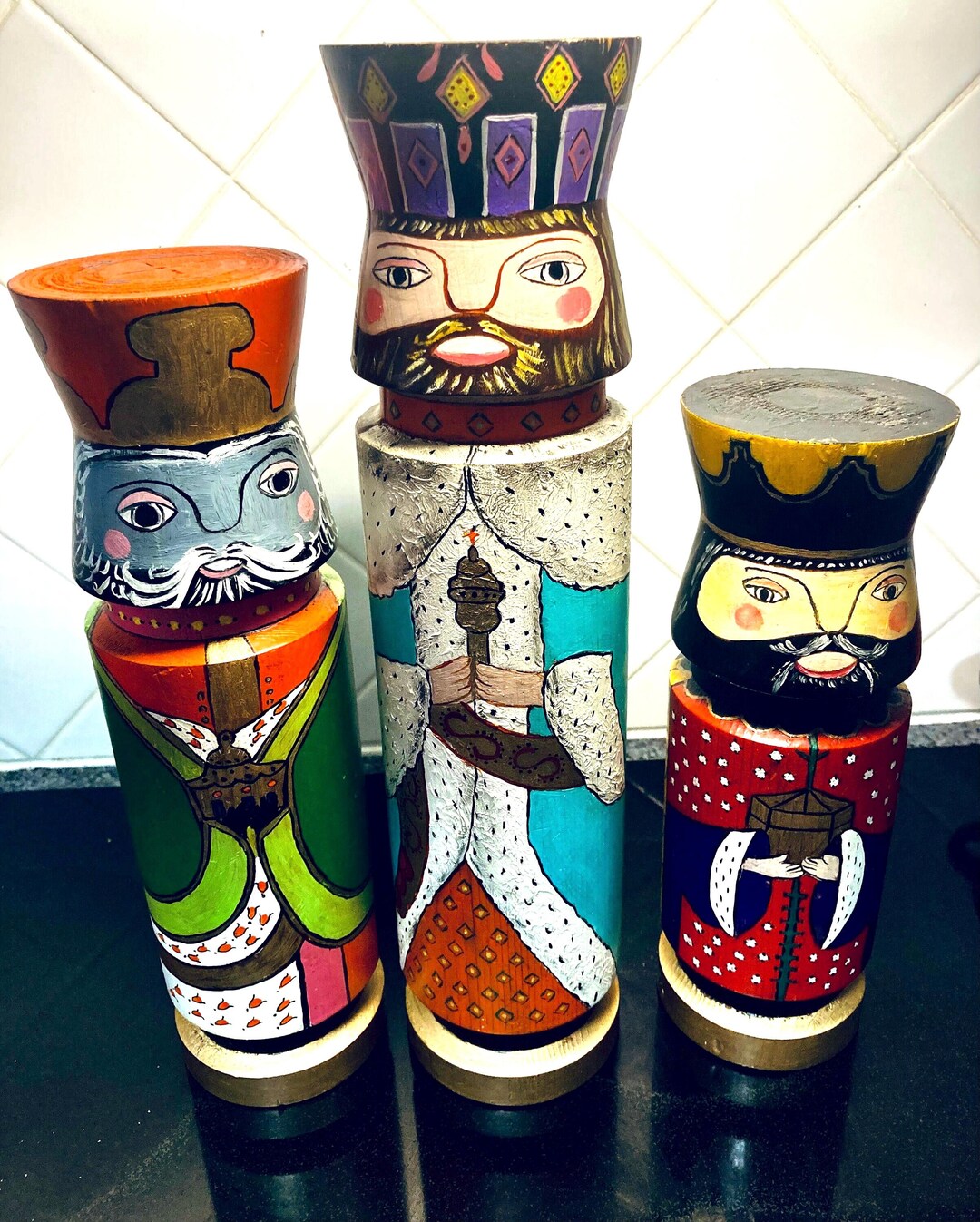 Vintage Wooden Hand Turned & Painted Three Kings Nativity- Colorful ...