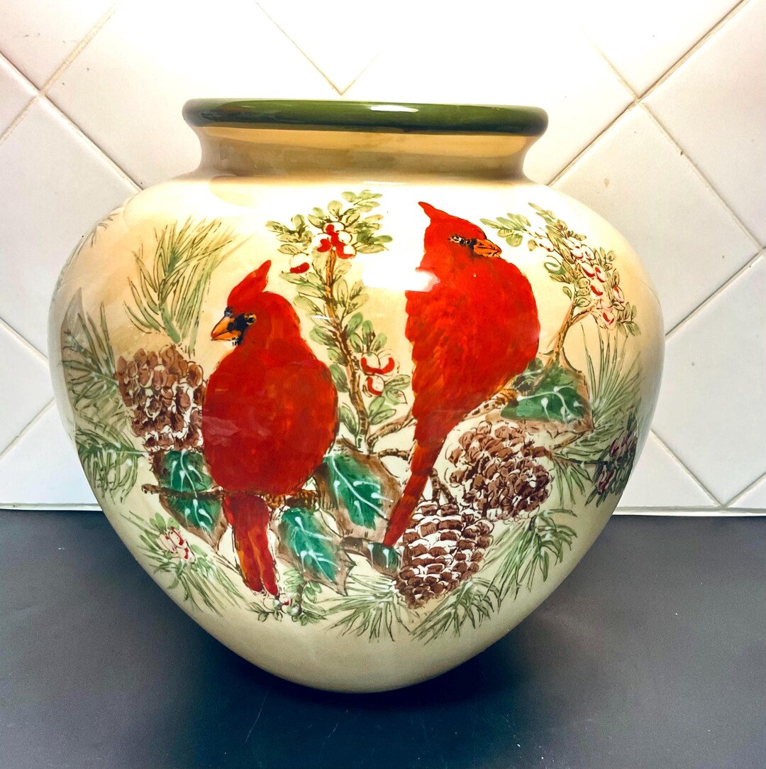 Vintage Pacific Rim Hand Painted Ceramic Vase Cardinals Pinecones ...