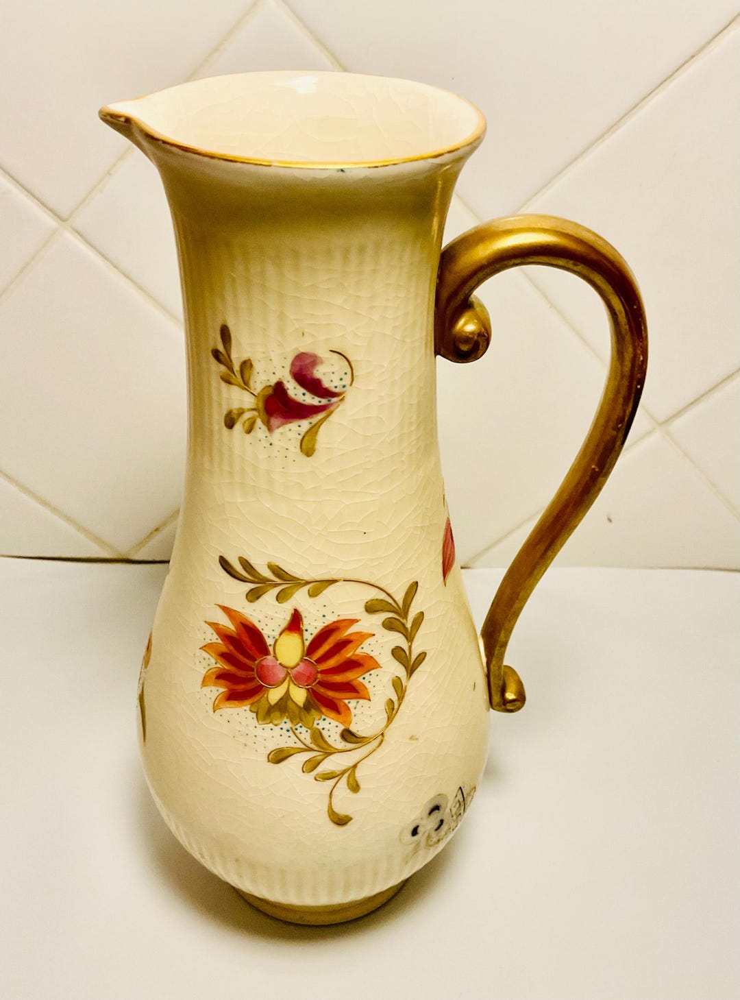 Antique Victoria Carlsbad Austrian Porcelain Ewer Pitcher-9.5” Floral ...