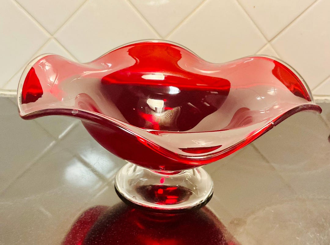 Vintage Ruby Red Ruffle Hand Blown Pedestal Bowl - Etsy