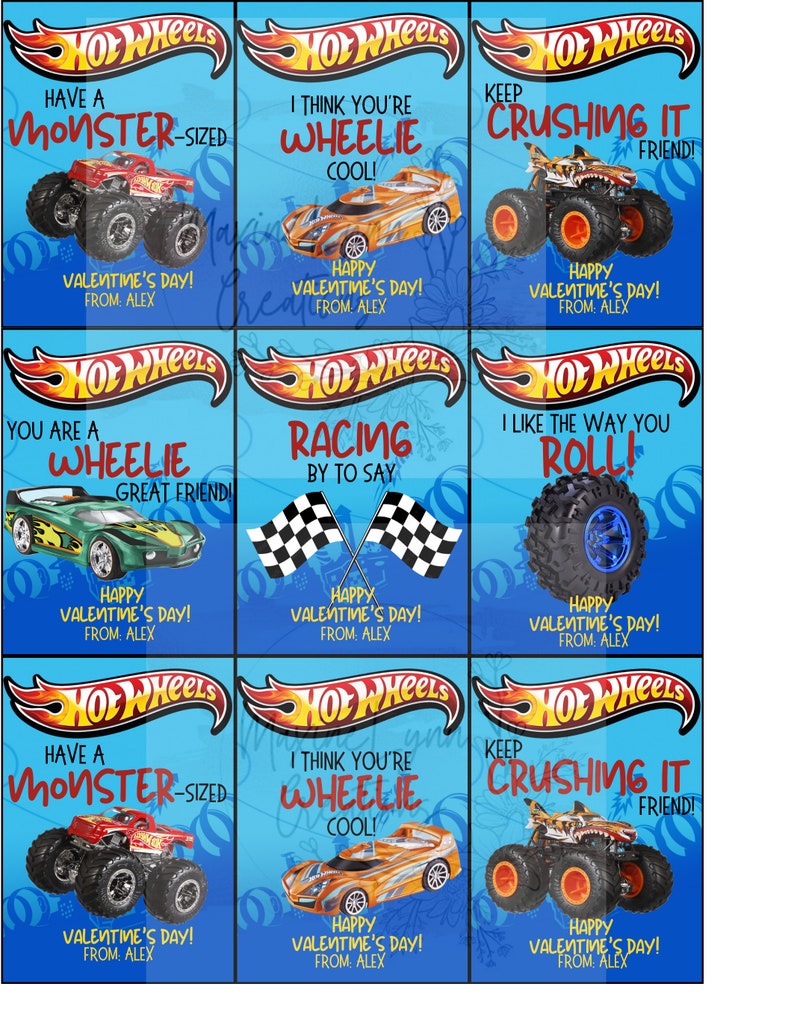 EDITABLE Hot Wheels, Monster Truck, Car Valentine Cards, Kid Valentine ...