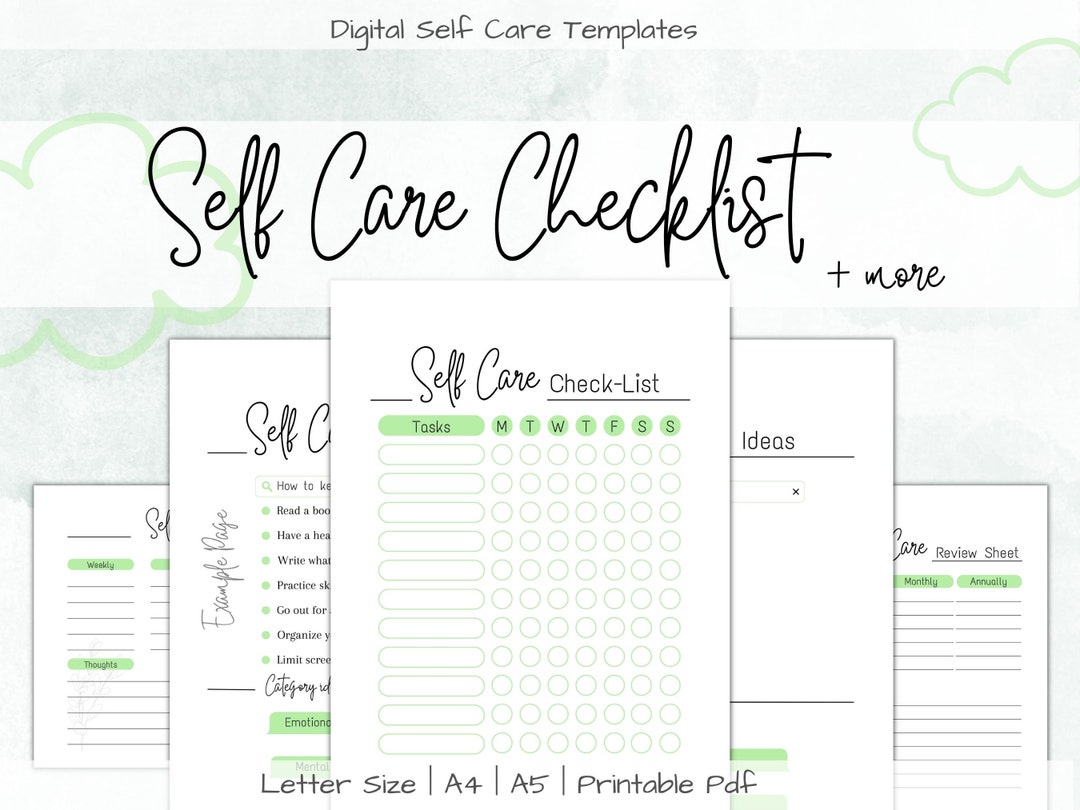 Self Care Planner Sheets|digital Self Care Checklist|mindfullness ...