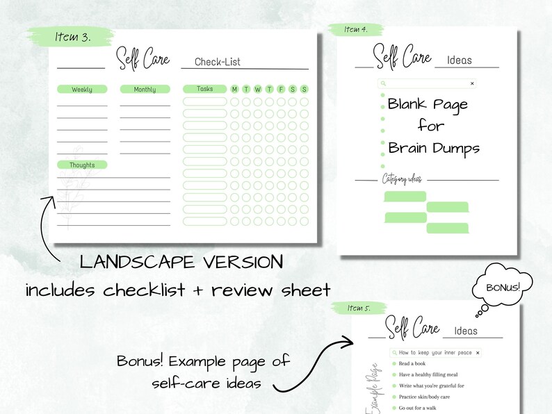 Self Care Planner Sheets|digital Self Care Checklist|mindfullness ...