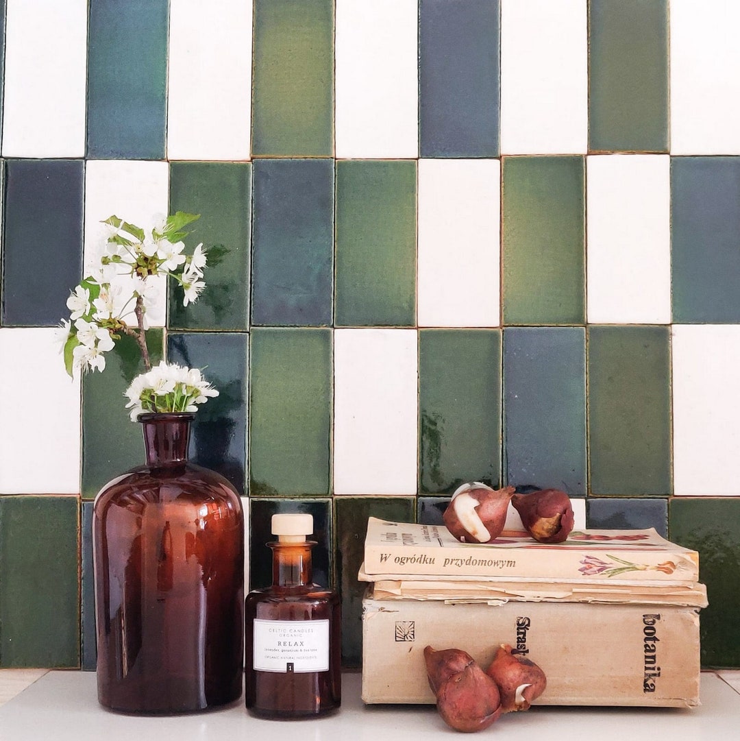 White and Bottle Green Metro Style Tiles for Kitchen Backsplash Tiles 7 ...