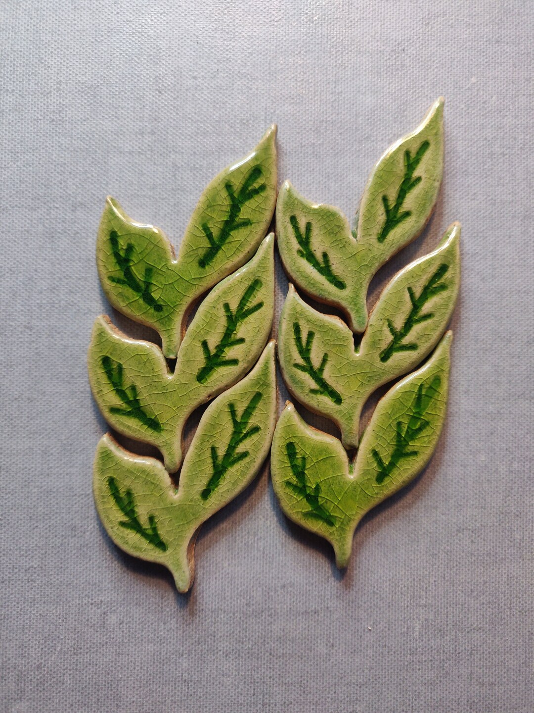6 Ceramic Leaves, Green Leaves With Veins, Crackle Glaze, Mosaic Tiles ...
