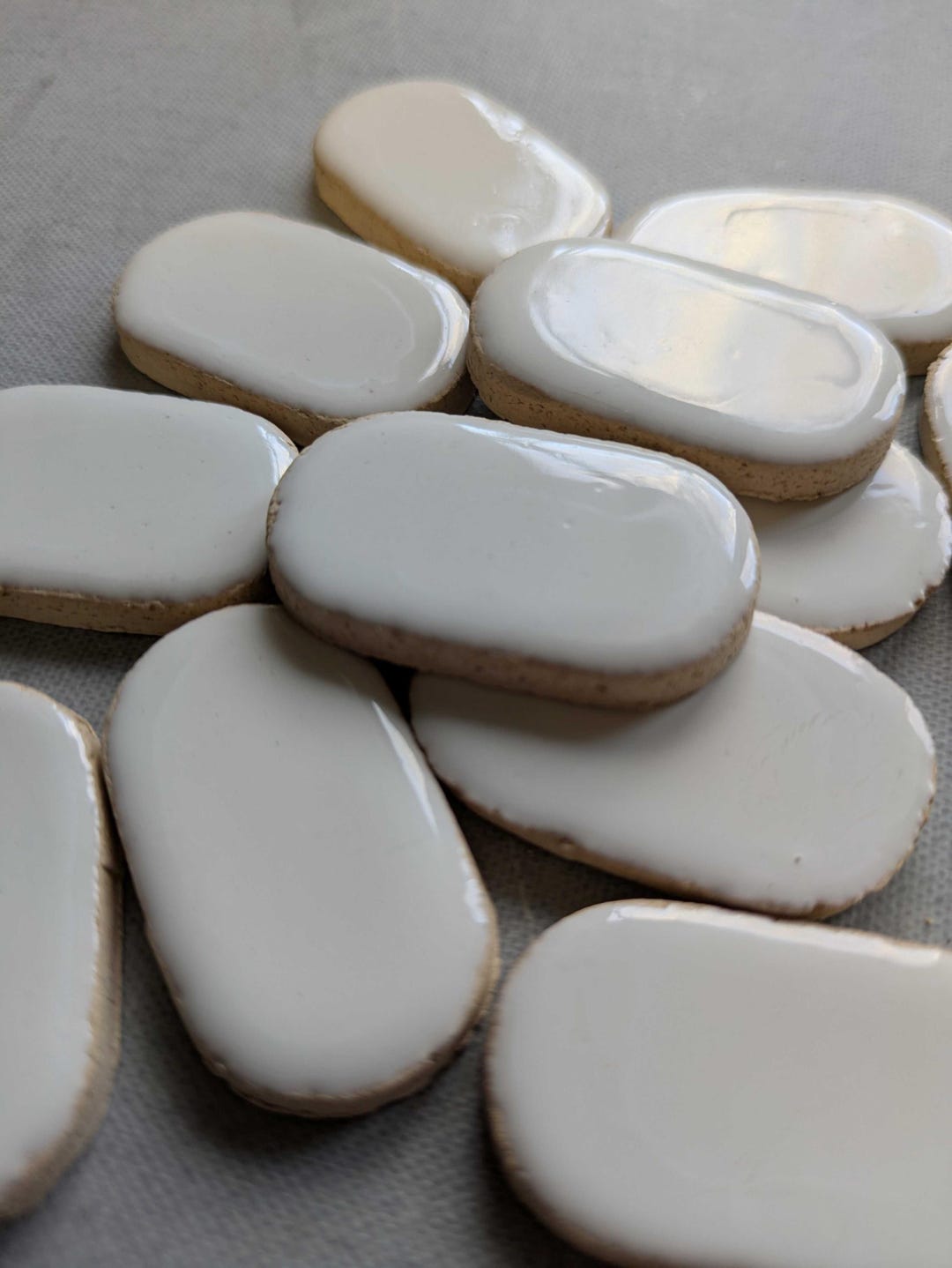 12 Small Ceramic Oval Tiles, White Mosaic Tiles, Handmade Pieces for ...