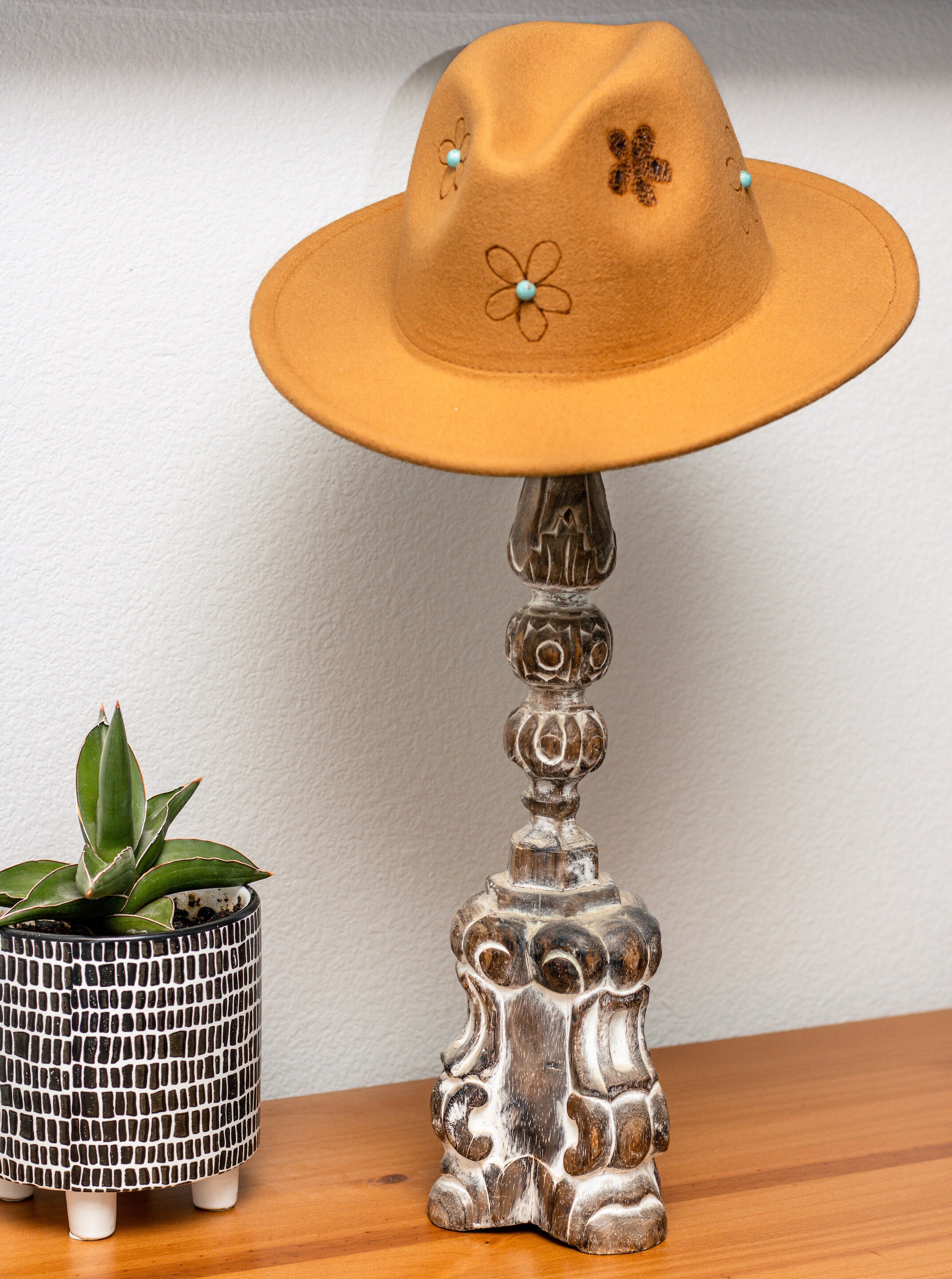 Hand Burned Felt Hat With Turquoise Stones - Etsy