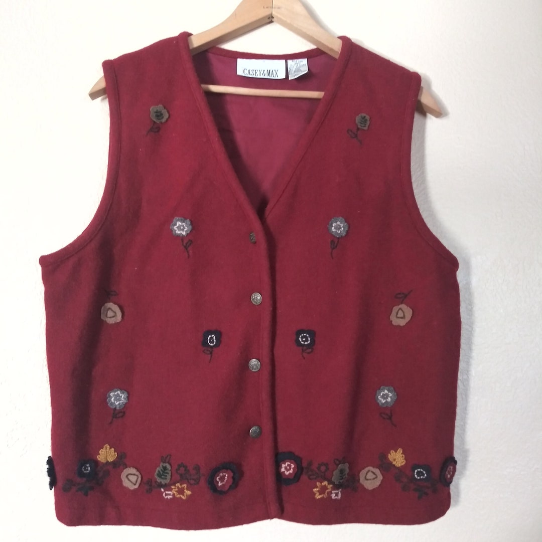 Casey & Max Vintage Maroon Embroidered Wool Vest Women's Medium - Etsy