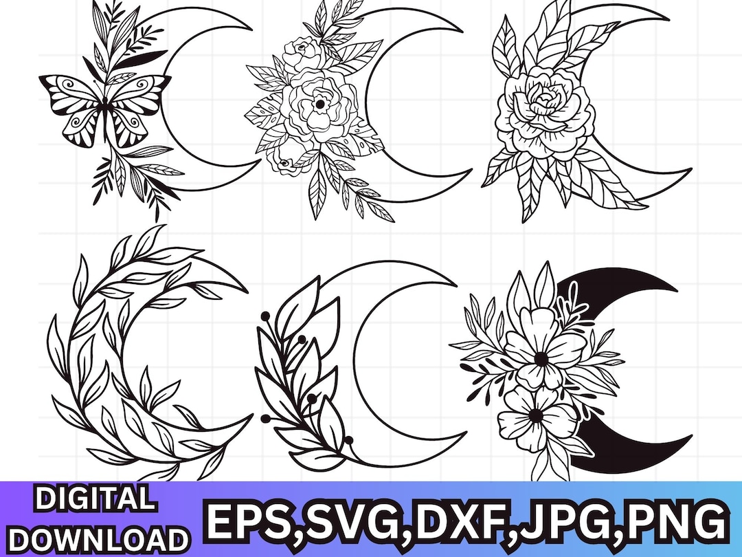 Floral Moon Svg\ Crescent Moon With Flower Svg\ Celestial Floral Moon ...