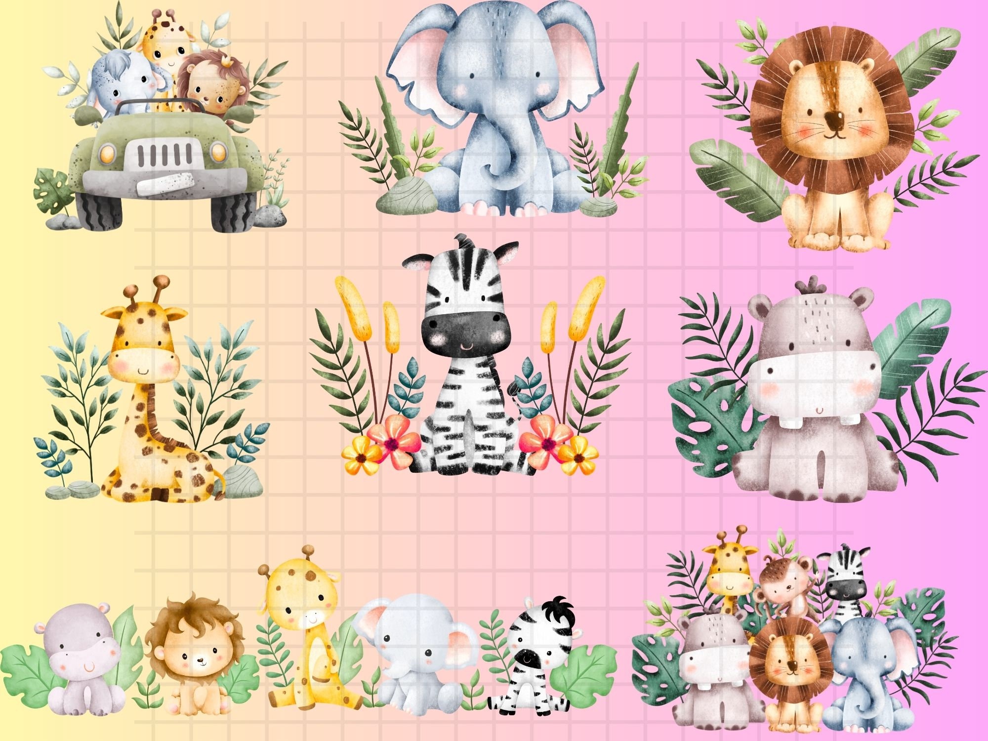 Safari Baby Animals Watercolor Clipart Jpgs Digital Crafting Paper ...