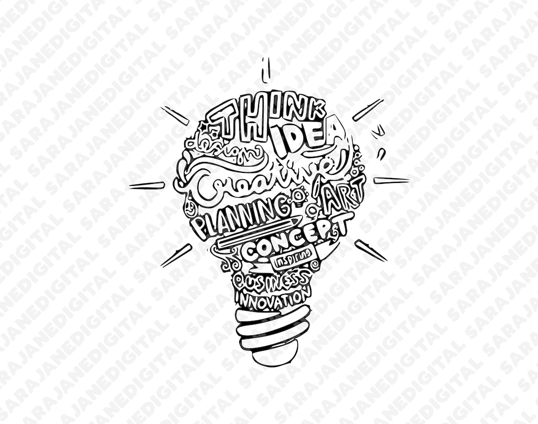 Creative Idea Light Bulb Black and White PNG SVG Vintage Illustration Sketch Clip Art Hand Drawn ...