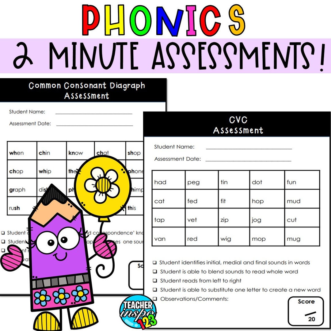 Phonics Assessment Worksheets: CVC, Blends, Digraphs - First Grade ...