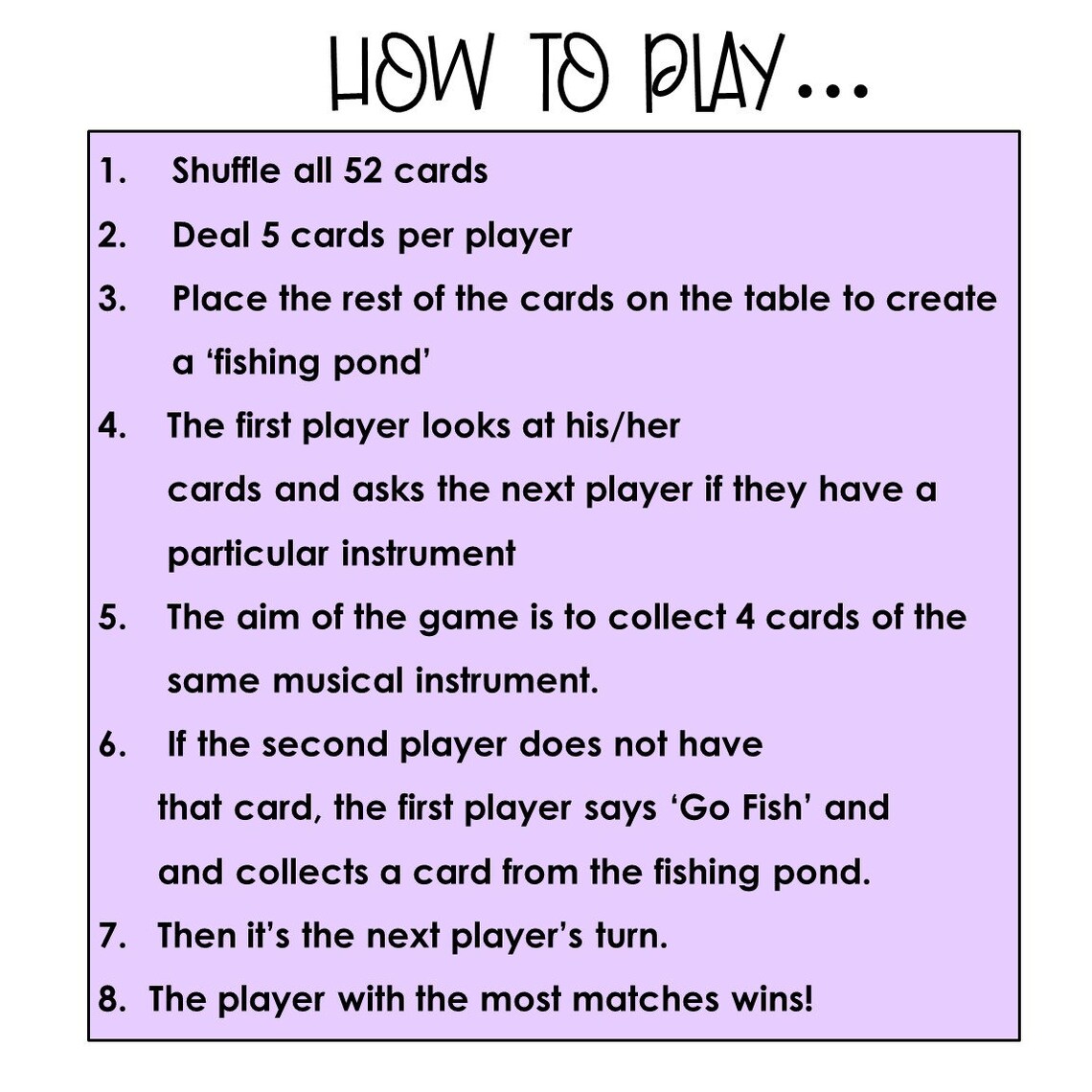 Go Fish Music Instruments Card Game: Elementary Classroom (PDF Pattern ...