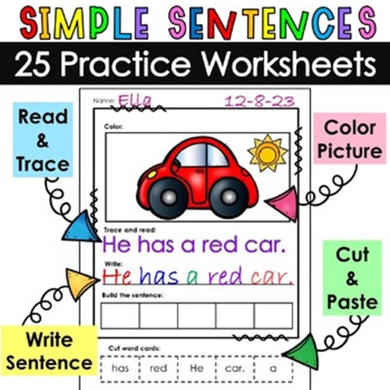 Sentence Writing Worksheets: First Grade Sentence Building (instant ...