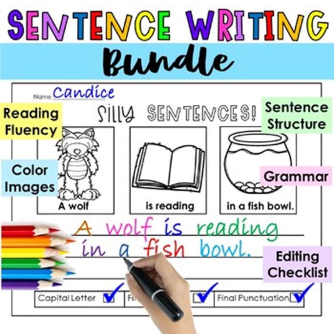 Sentence Writing Worksheets: First Grade Sentence Building (instant ...