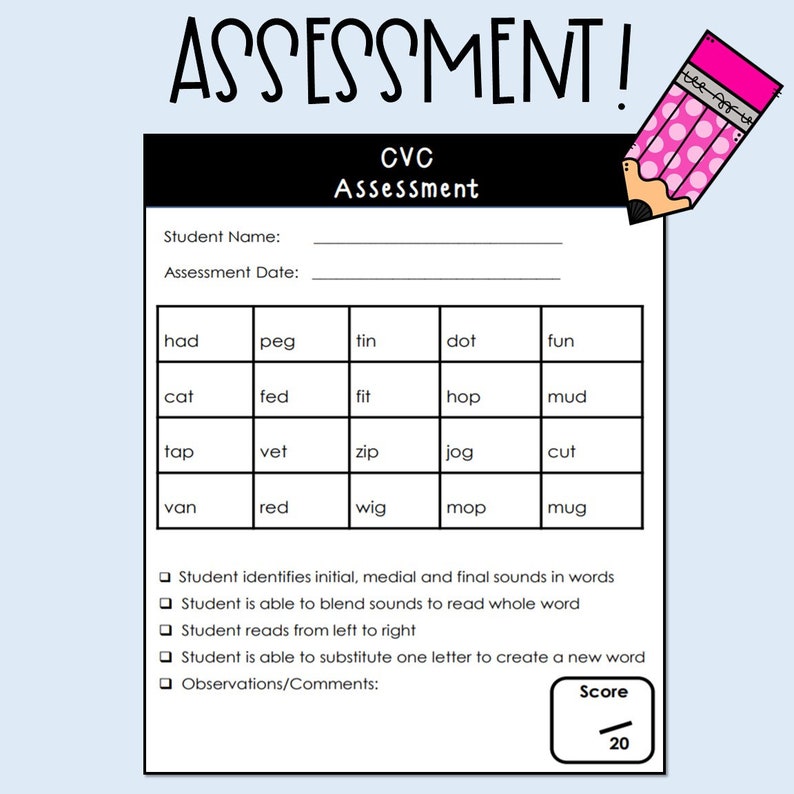 Phonics Assessment Worksheets: CVC, Blends, Digraphs - First Grade ...