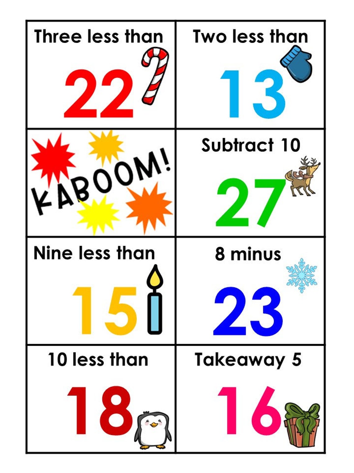 Printable Math Game, Addition Math Cards, Addition to 20, Educational ...