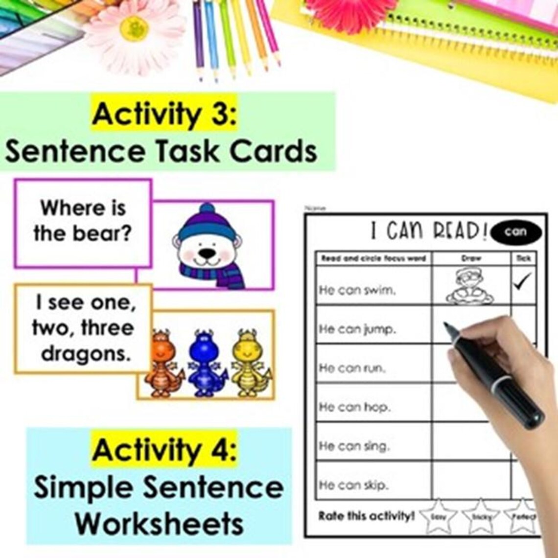 Sentence Writing Worksheets: First Grade Sentence Building (instant ...