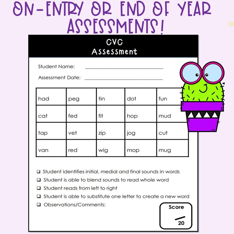 Phonics Assessment Worksheets: CVC, Blends, Digraphs - First Grade ...