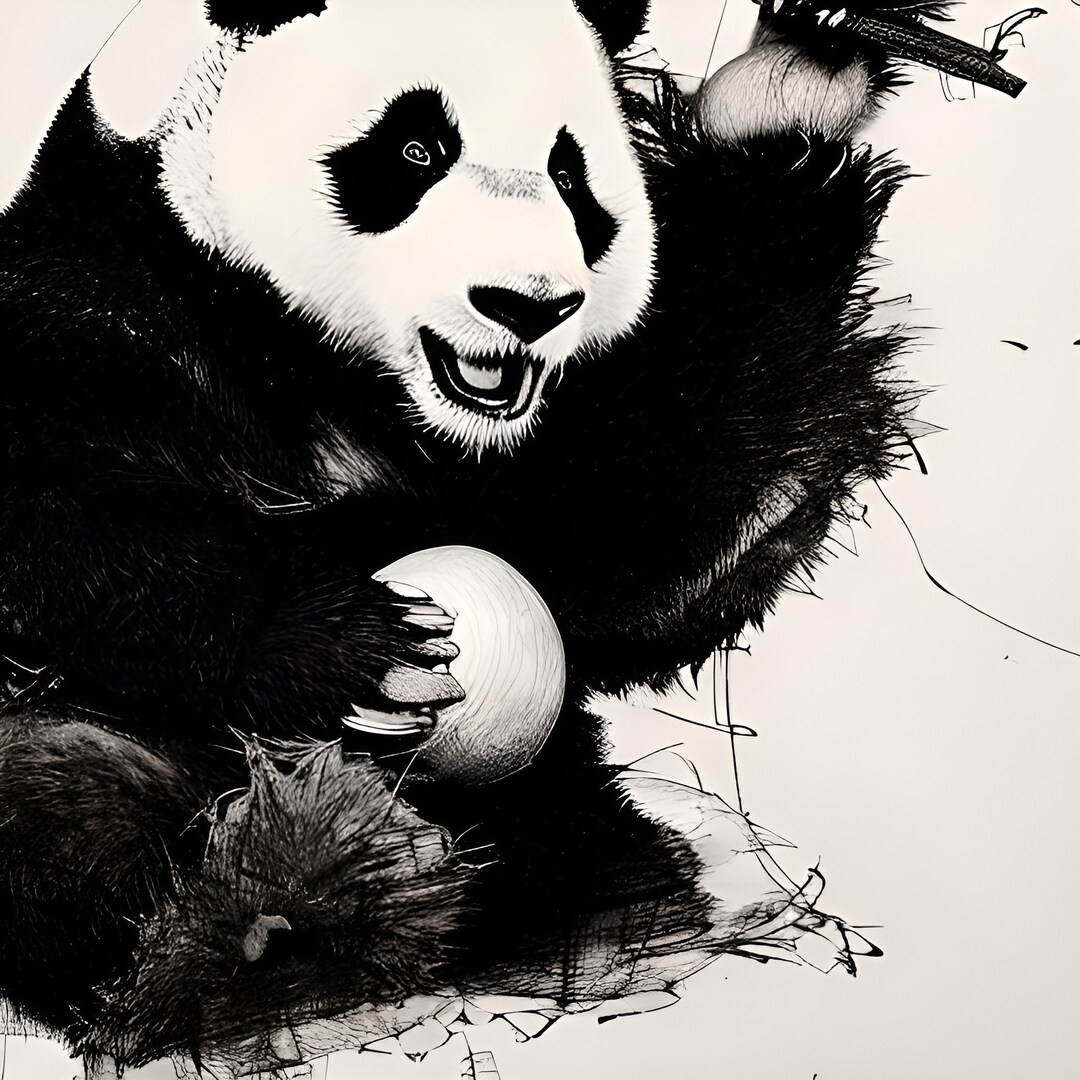 Black and White Panda Bear Playing With an Apple. - Etsy