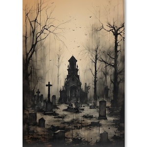 Haunted Cemetery Art Print Wall Hanging Home Decor Samhain Gothic Dark ...