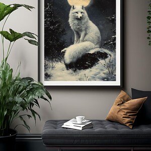Arctic Fox Art Print: Winter Moonlight Animal Illustration - Etsy