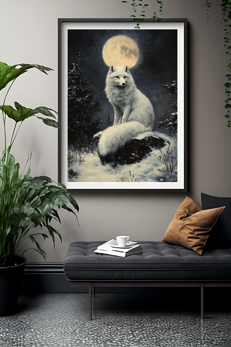 Arctic Fox Art Print: Winter Moonlight Animal Illustration - Etsy