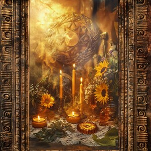 Litha Altar Art Print, Wicca Summer Solstice, Sacred Sun Ritual, Golden ...